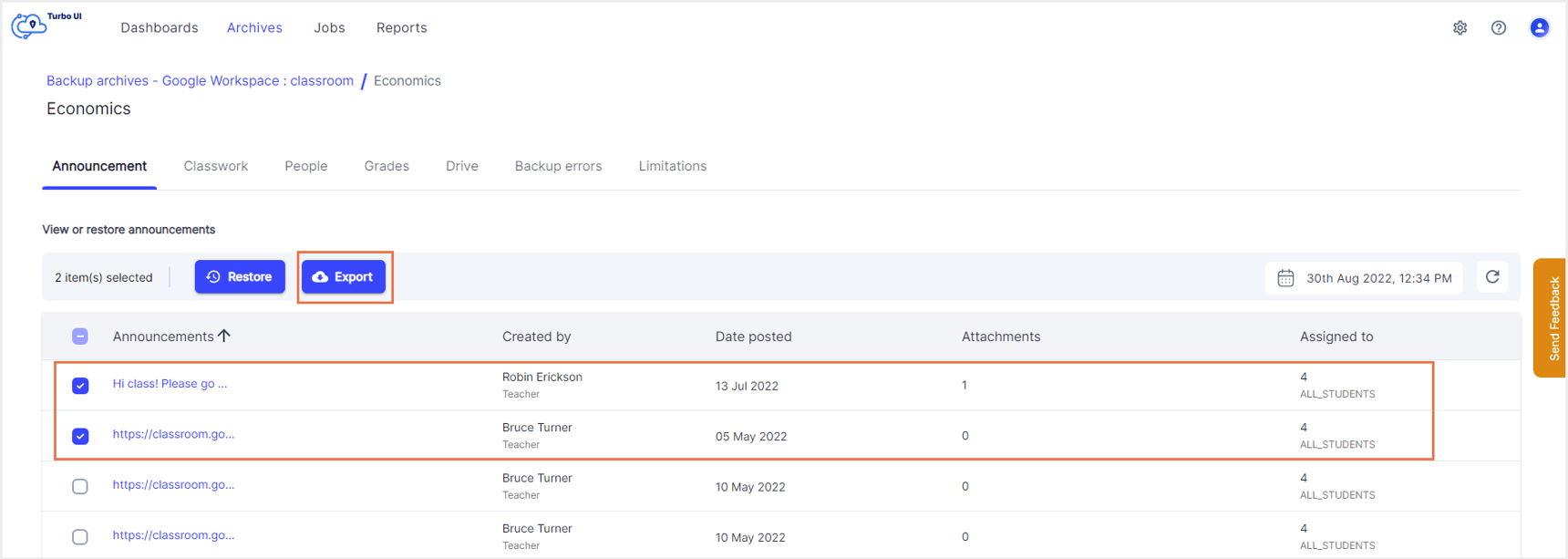 How to export Google Classroom Announcements data from the SysCloud backup application?